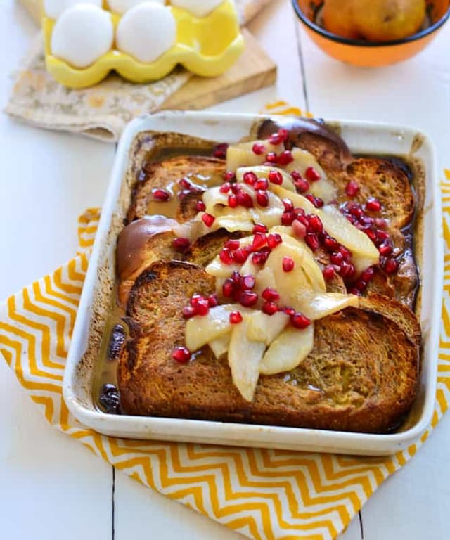 Baked Eggnog French Toast with Sauteed Pears and Pomegranates | Punchfork