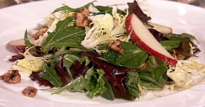 Frisee Salad with Spiced Walnuts, Pears, Farmhouse Cheddar, and Port Vinaigrette | Punchfork