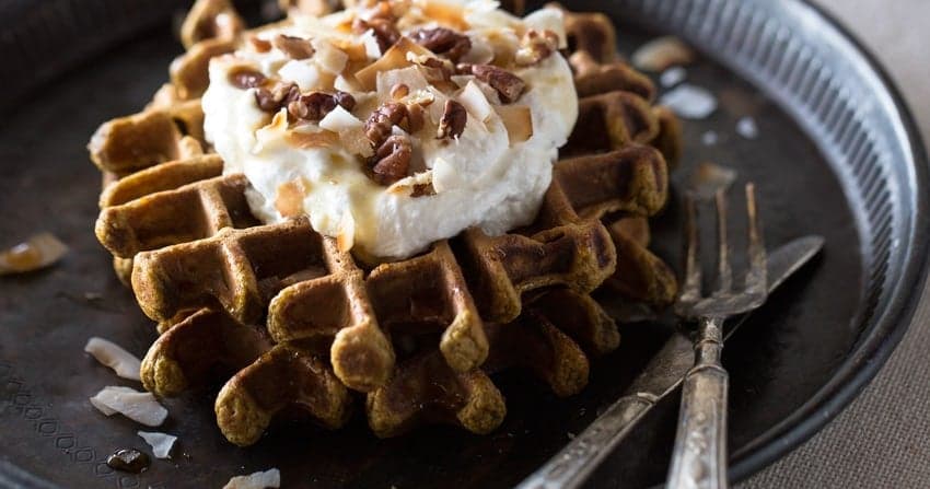 Spicy Pumpkin Waffles with Coconut Whipped Cream | Punchfork