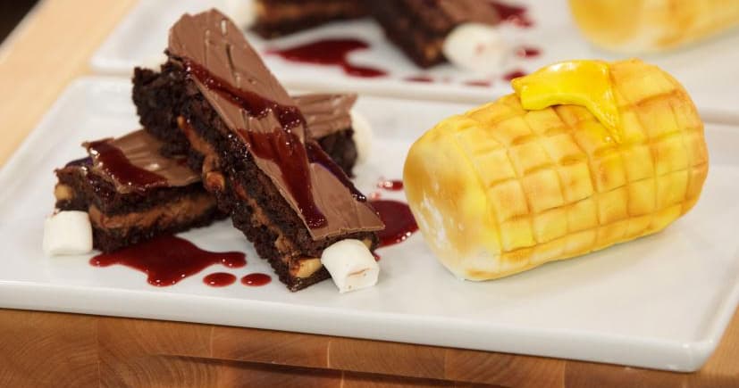 Brownie "Ribs" and Crispy Rice Treat "Corn-on-the-Cob" with Drunk Cherry BBQ Sauce | Punchfork