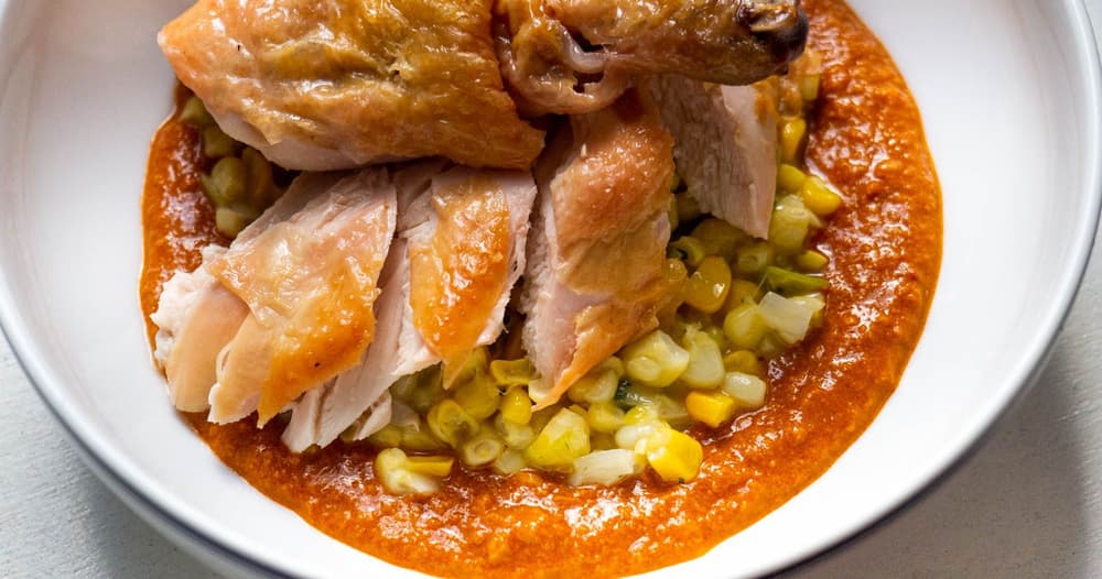 Roast Chicken with Romesco and Creamy Corn | Punchfork