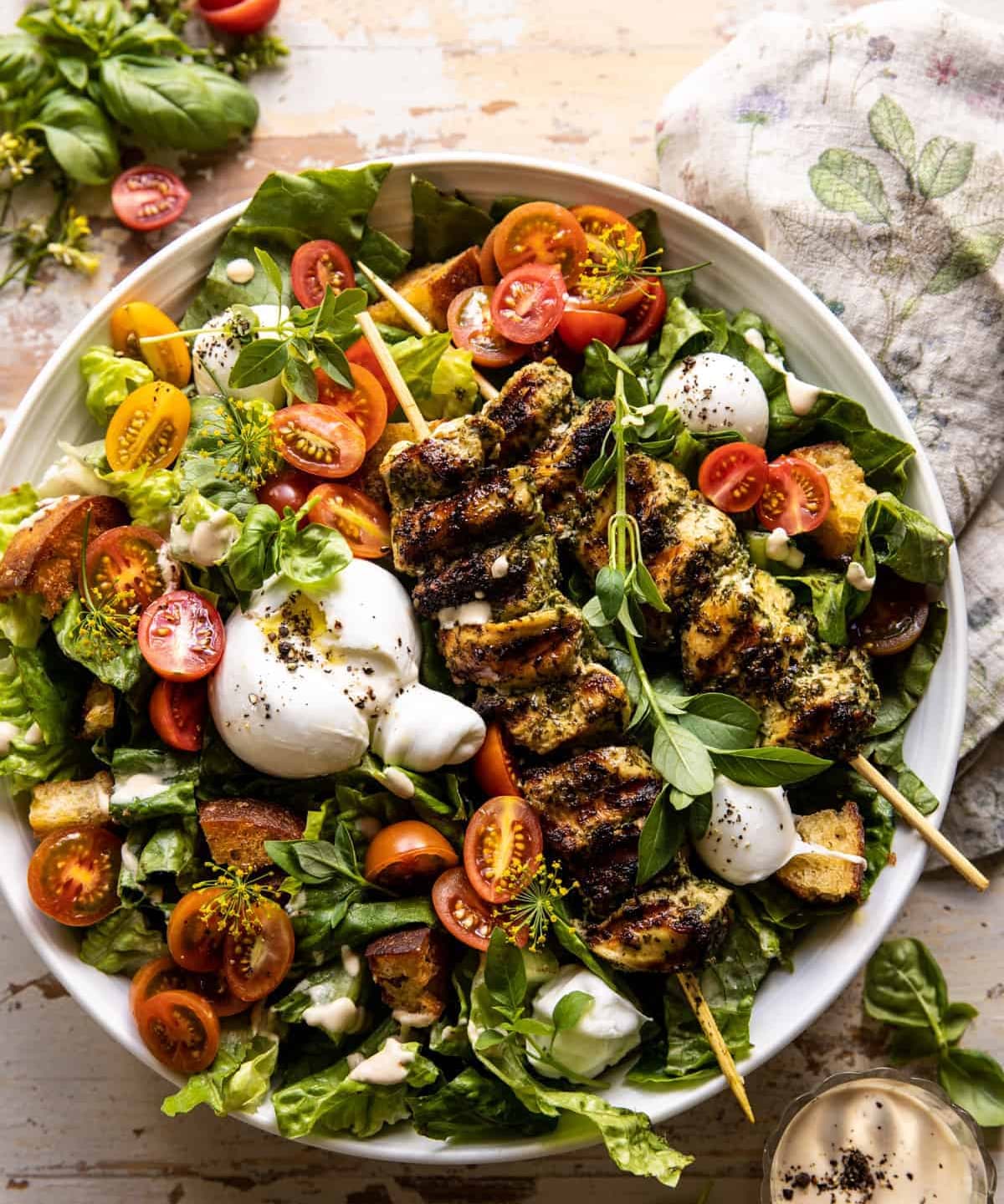 Pesto Chicken Caesar Salad with Tomatoes and Burrata | Punchfork