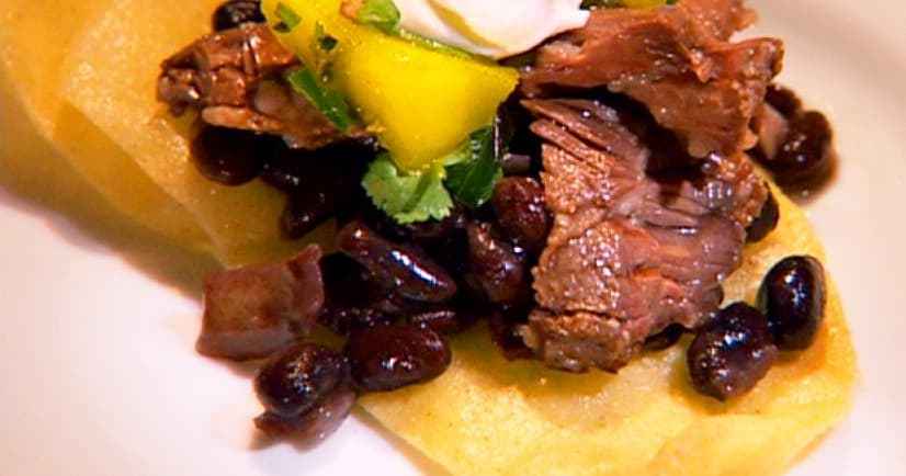 Skirt Steak Tostada with Black Beans and Mango Salsa | Punchfork
