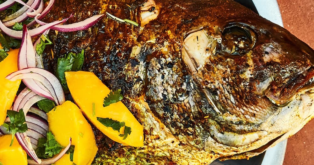 Grilled Spiced Snapper with Mango and Red Onion Salad | Punchfork