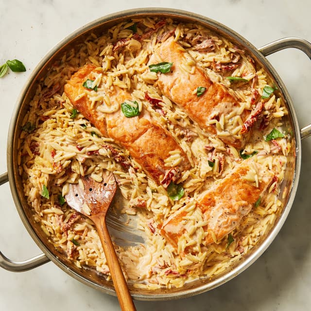 Creamy Sun-Dried Tomato Salmon & Orzo | Punchfork