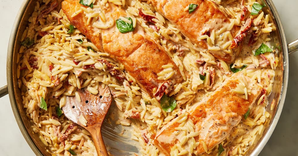 Creamy Sun-Dried Tomato Salmon & Orzo | Punchfork