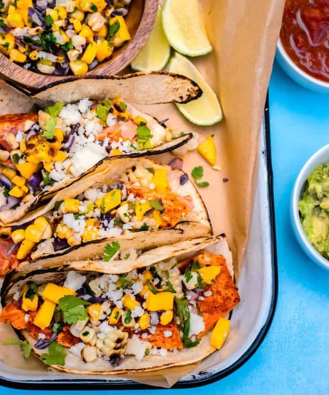 Sazon Spiced Salmon Tacos with Mango Corn Salsa | Punchfork