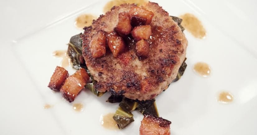 Bourbon-Glazed Pork Belly Over Black-Eyed Pea Cakes with Collards ...