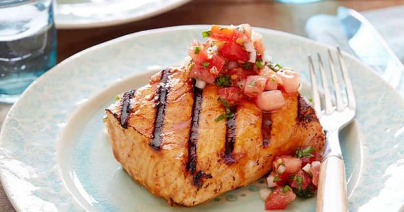 Grilled Salmon with Sherry Vinegar-Honey Glaze and Spicy Tomato Relish | Punchfork