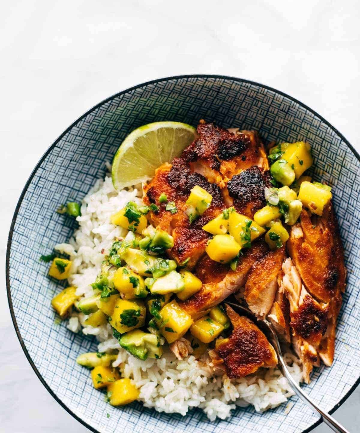 BBQ Salmon Bowls with Mango Avocado Salsa | Punchfork