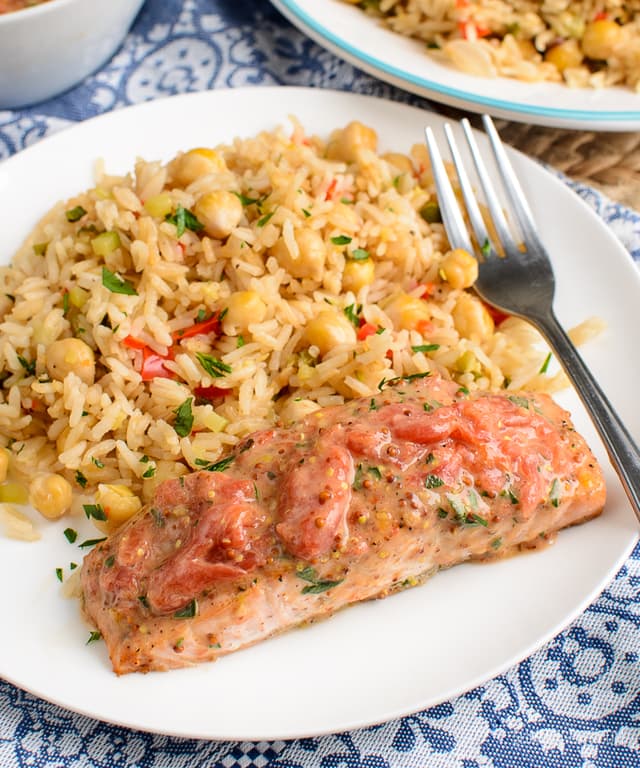 Roasted Tomato Topped Salmon with Chickpea Rice Pilaf | Punchfork