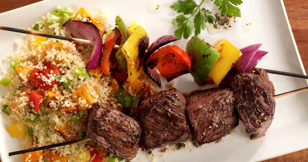 Bison Sirloin Steak and Vegetable Kabobs with Couscous Salad | Punchfork