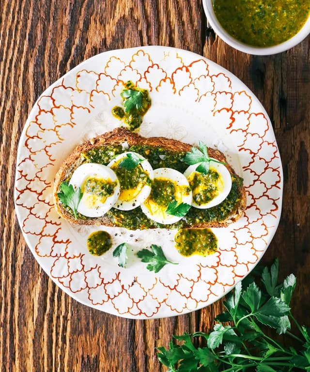 Hard-Boiled Egg Toast with Chermoula | Punchfork