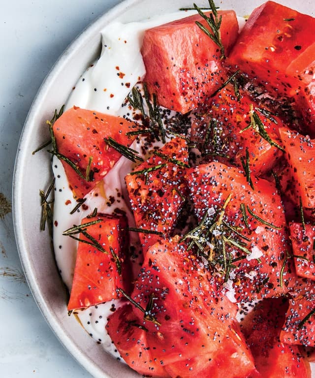 Watermelon with Yogurt, Poppy Seeds, and Fried Rosemary | Punchfork