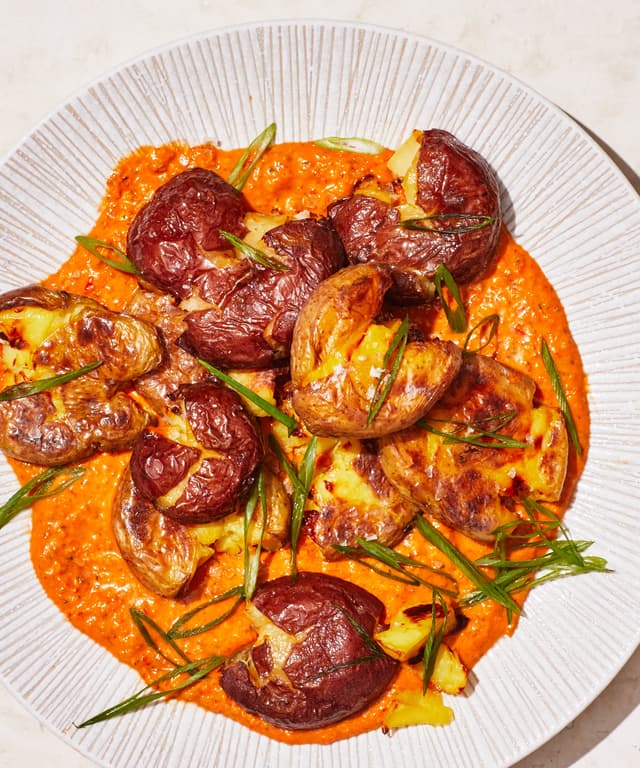 Green Garlic Romesco with Crispy Smashed Potatoes | Punchfork