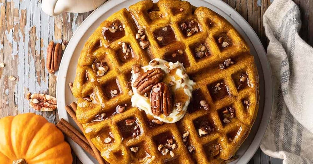Spiced Pumpkin Waffles with Brown Butter Maple Syrup | Punchfork