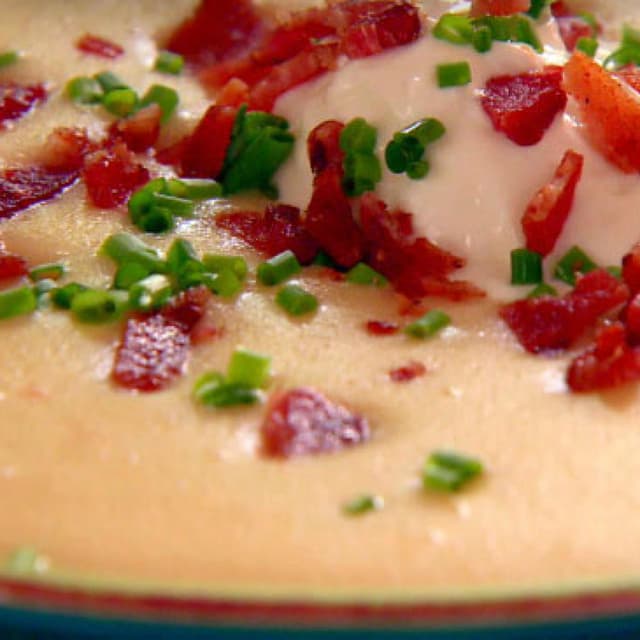Fully-Loaded Cheesy Potato Soup with Gina's Spinach Salad | Punchfork