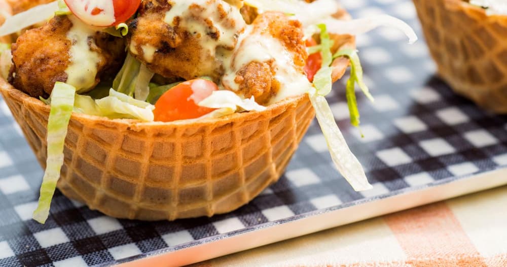 Crispy Buttermilk Popcorn Chicken in a Waffle Bowl | Punchfork