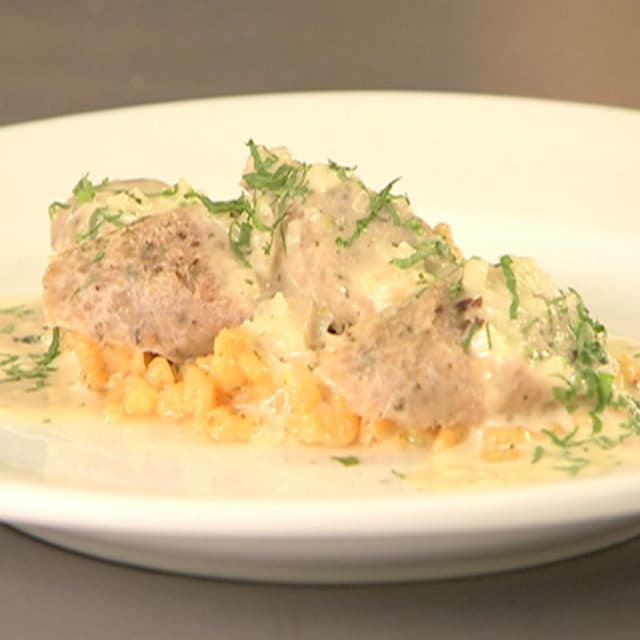 Red Pepper Spaetzle in Mustard Cream Sauce with Sausage | Punchfork