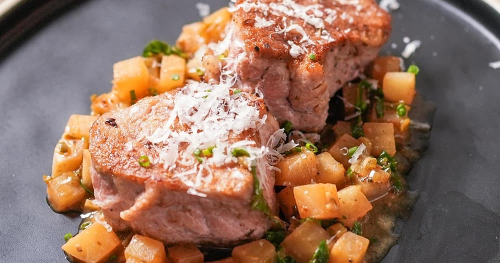 Pan-Seared Pork Tenderloin with Braised Turnips and Parmesan | Punchfork