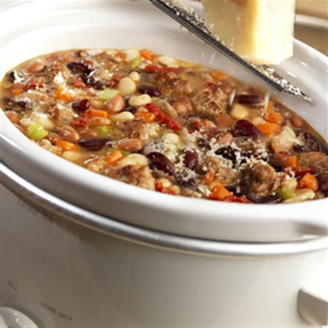 Slow Cooker Hearty Mixed Bean Stew with Sausage | Punchfork