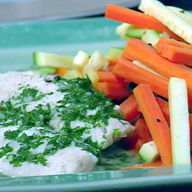 Sea Bass Poached in a Court Bouillon with Sauteed Batonnet of Carrots ...