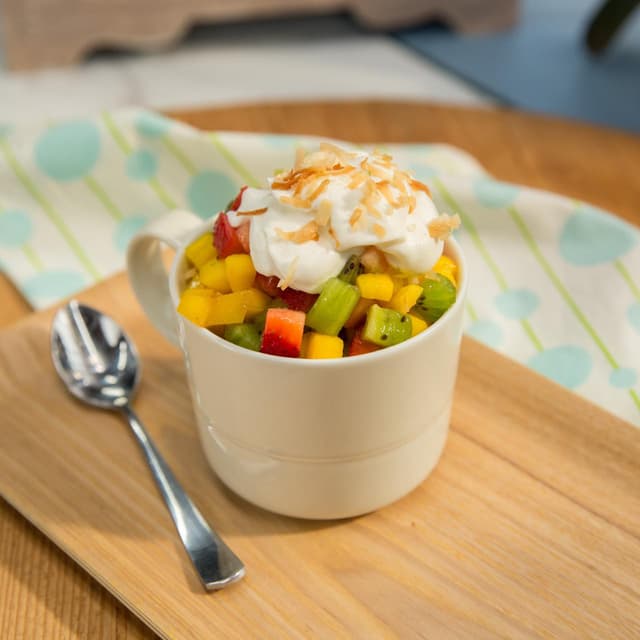 Coconut Mug Cake with Coconut Whipped Cream and Tropical Fruit | Punchfork