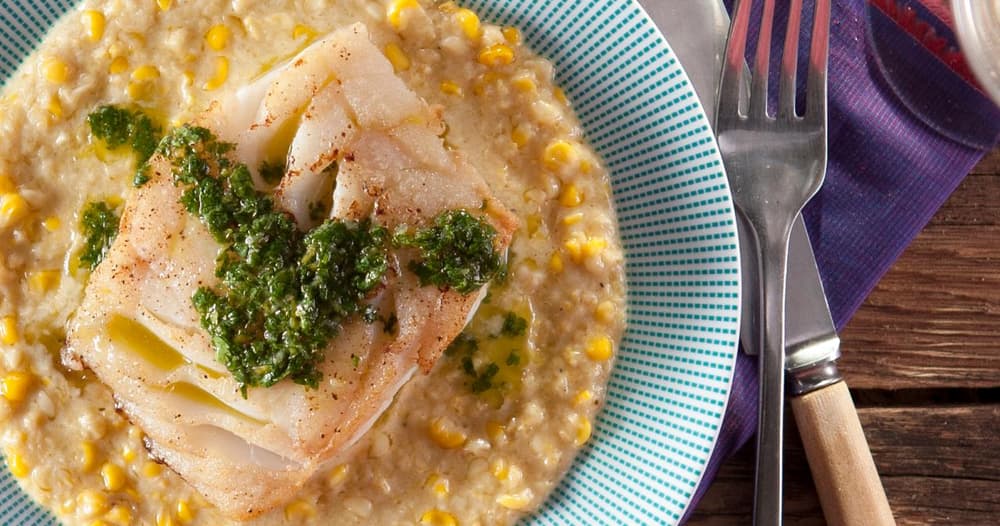 Pan Seared Pacific Cod with Cilantro Vinaigrette and Creamed Corn ...