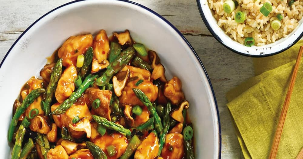 Asparagus Shiitake Chicken with Sesame Rice | Punchfork