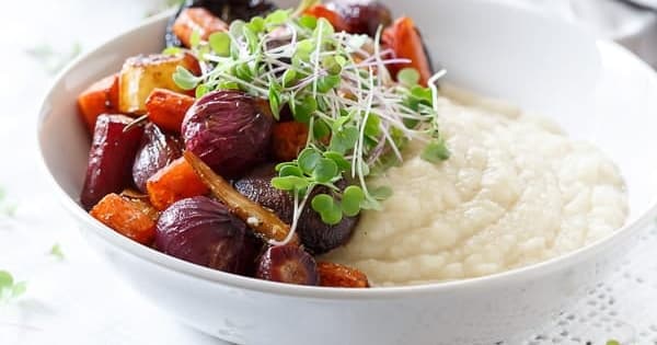 Celery Root Puree with Roasted Balsamic Vegetables | Punchfork