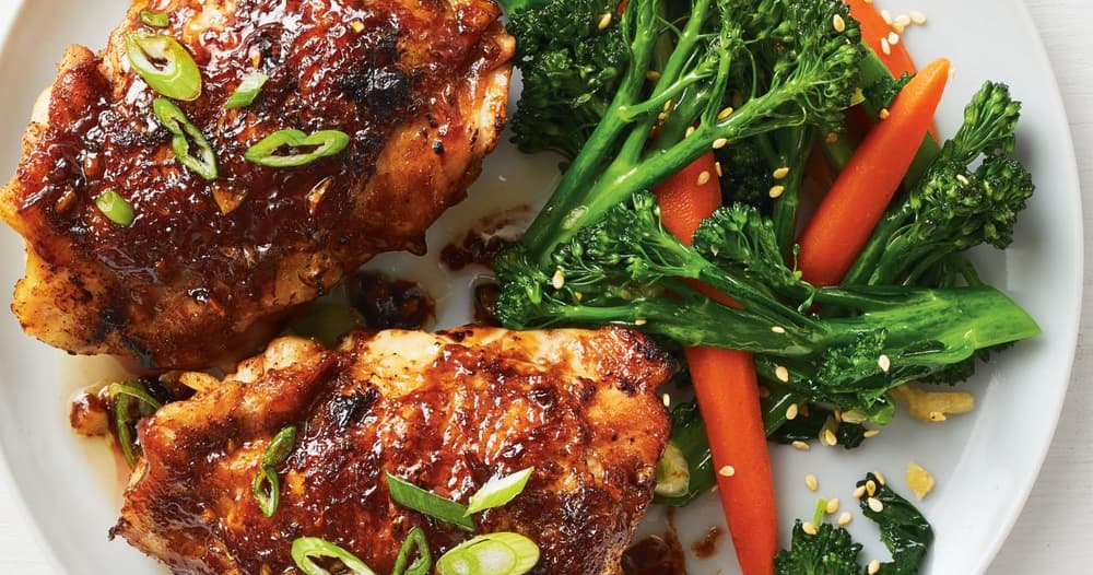 Hoisin-Glazed Chicken Thighs with Broccolini and Carrots | Punchfork