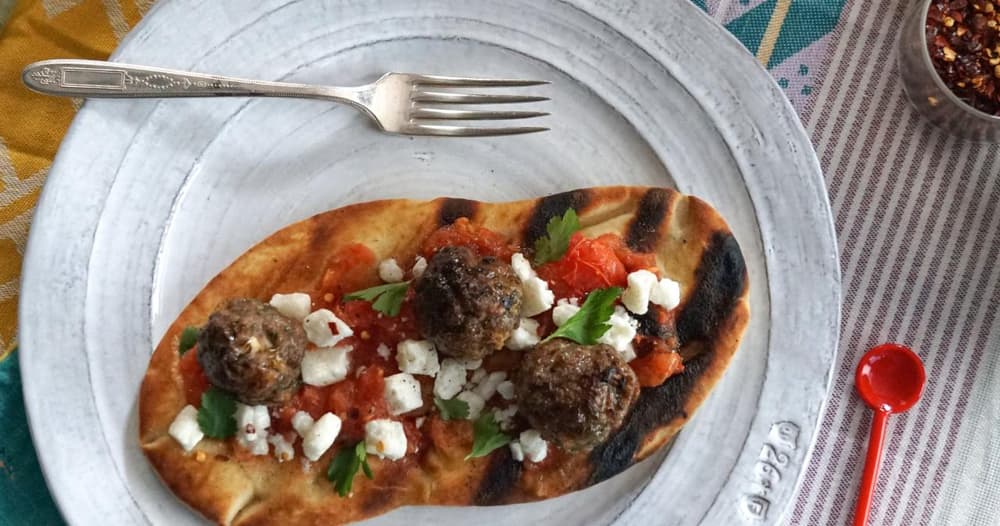 Grilled Lamb Meatball Flatbread with Grilled Tomato Sauce | Punchfork