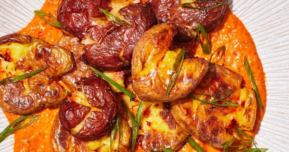 Green Garlic Romesco with Crispy Smashed Potatoes | Punchfork