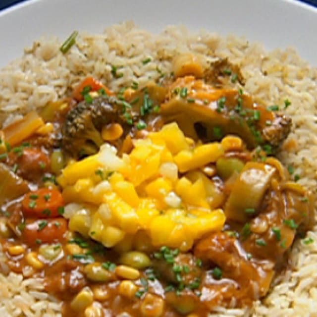 Hi-Wire Hot Vegetable Curry with Mango Salsa Sambal | Punchfork