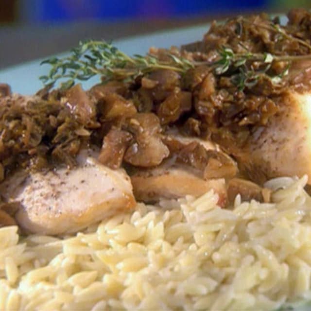 Pan-Seared Chicken with Porcini-Chestnut Sauce with Steamed Spinach and ...