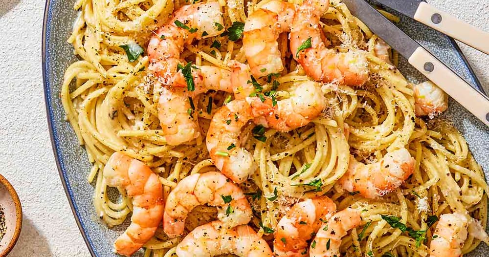 Cacio e Pepe with Garlicky Sautéed Shrimp | Punchfork