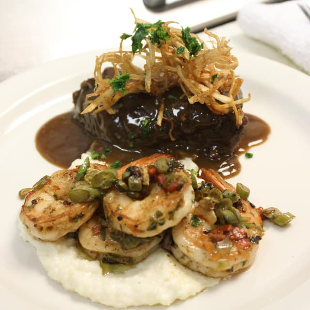 Braised Short Ribs with Seared Shrimp and Grits | Punchfork