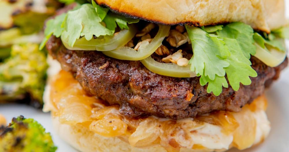 Beef and Chorizo Stuffed Burgers with Caramelized Onions | Punchfork