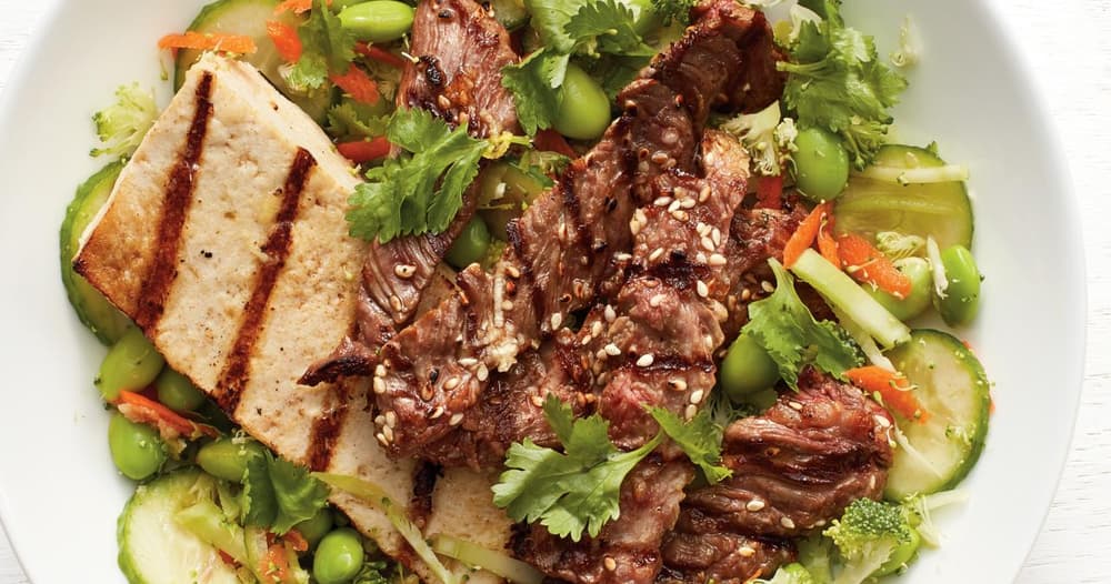 Sesame Beef and Tofu with Edamame Salad | Punchfork