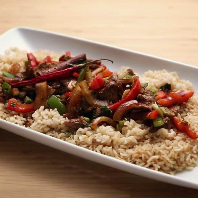 Cumin Beef Pepper Steak and Brown Rice | Punchfork