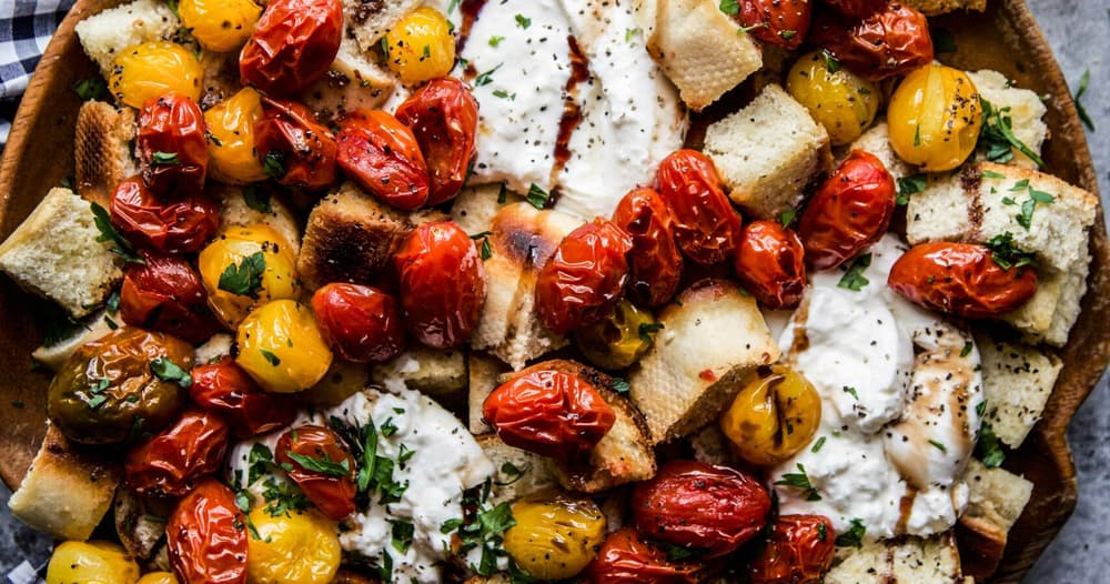 Roasted Tomato & Burrata Bread Toss | Punchfork