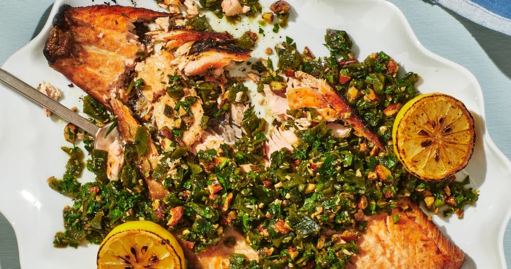 Grilled Party Salmon with Green Romesco | Punchfork