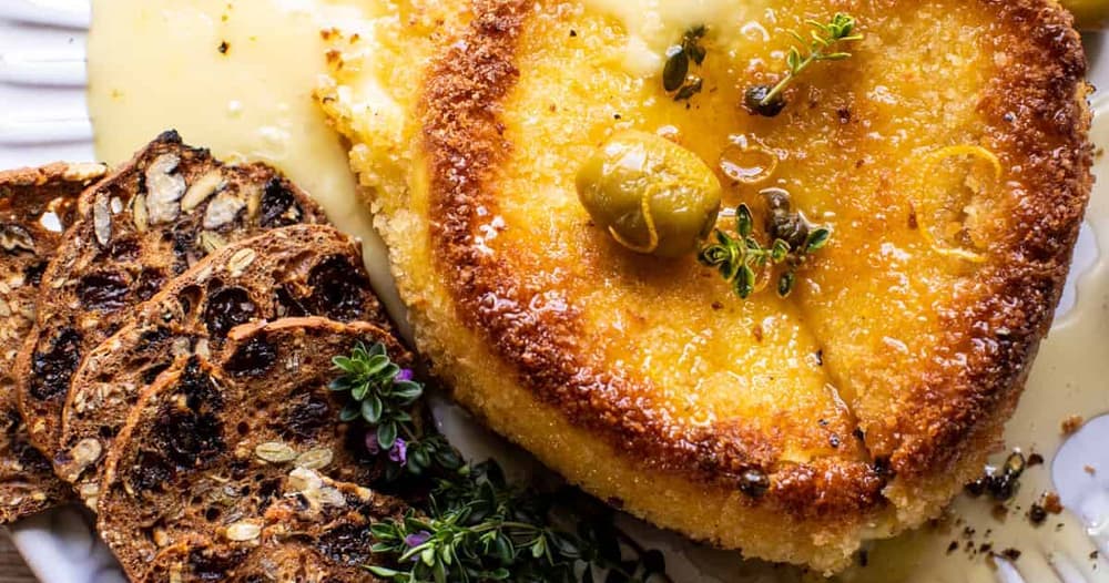 Pan Fried Brie with Peppered Honey and Olives | Punchfork