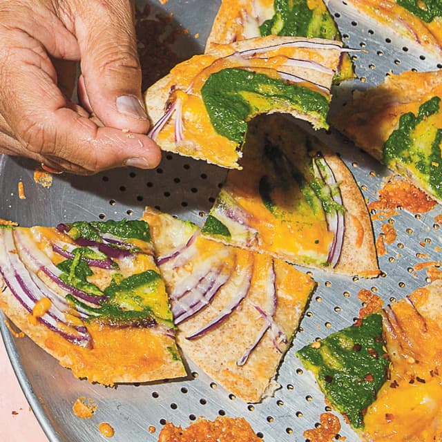Roti Pizza with Chutney-Cheddar Topping | Punchfork