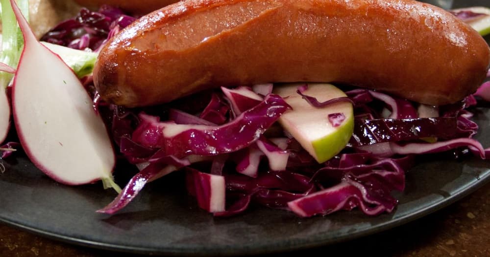Braised Wurst Sausages with Cabbage, Red Onion and Apple Slaw | Punchfork