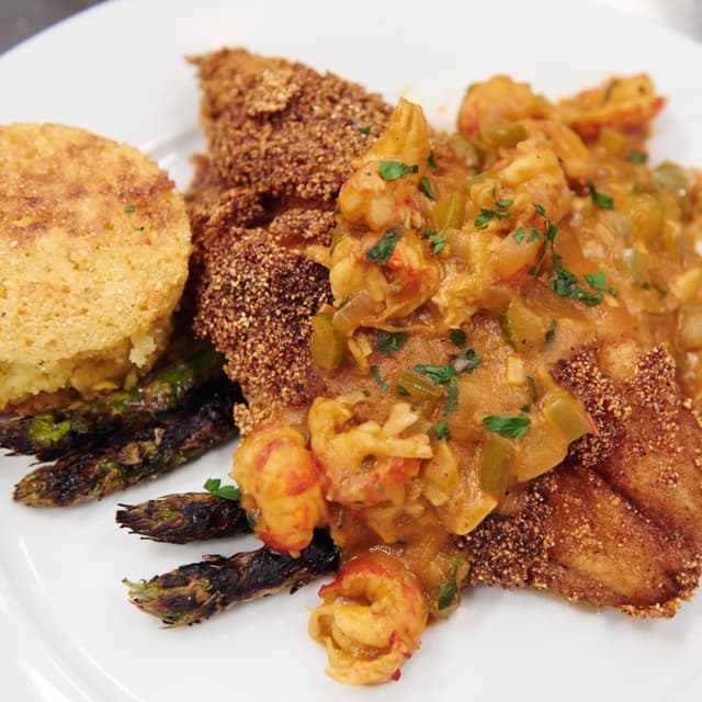 Crawfish Etouffee, Fried Catfish, Rice, Grilled Asparagus and Cornbread ...