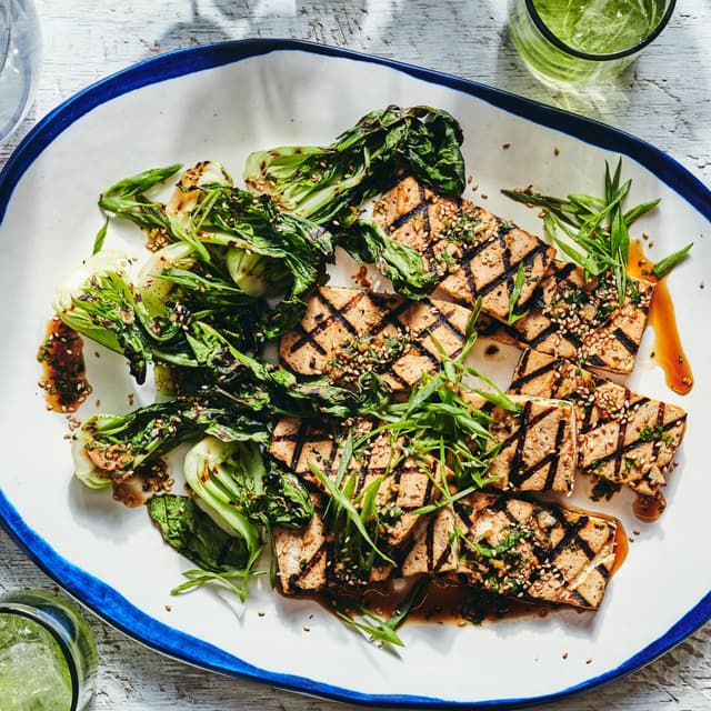 Grilled Soy, Ginger and Lime Tofu Steaks with Charred Baby Bok Choy ...
