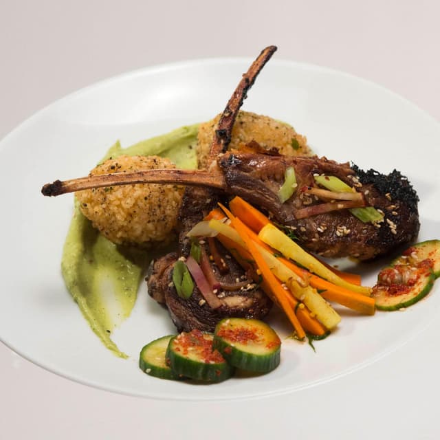 Lamb Chops with Stuffed Arancini, Avocado Sauce, Pickled Daikon and ...