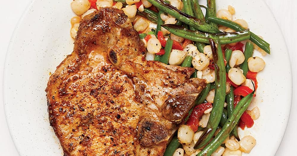 Sheet-Pan Pork Chops with Hominy Succotash | Punchfork