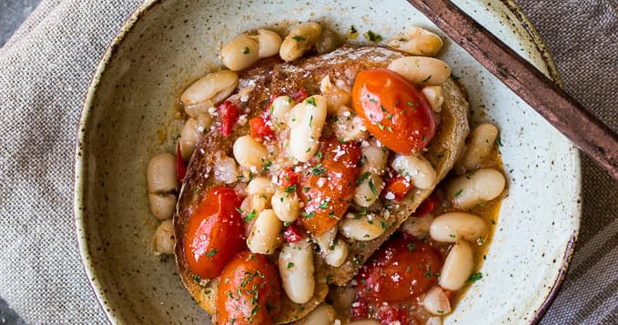 White Bean and Tomato Ragout Over Ciabatta | Punchfork